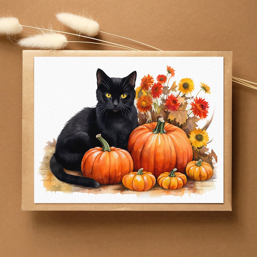 Autumn Cat and Pumpkins Card | Cat Notecard | Happy Fall | Halloween ...