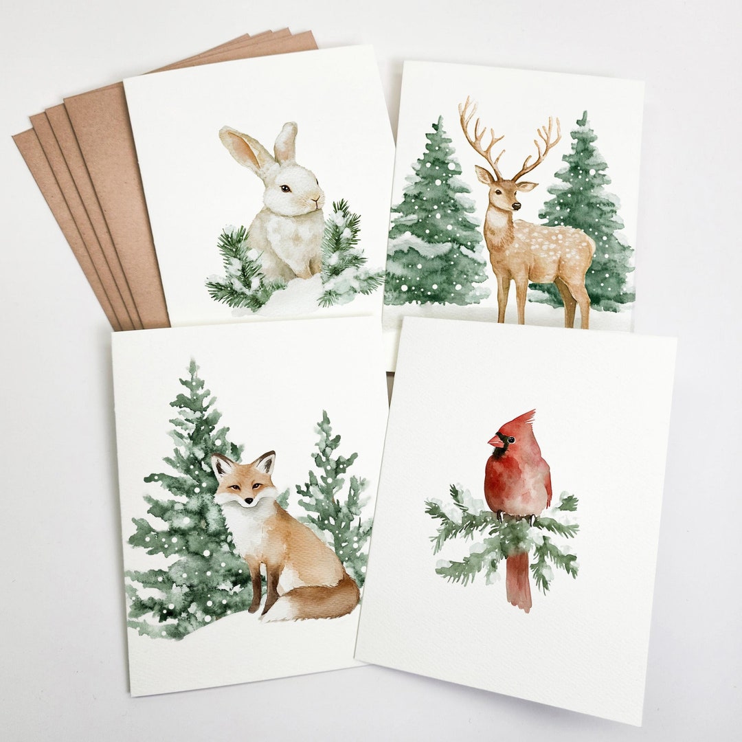 Winter Woodland Animals Christmas Cards | Rabbit, Deer, Fox, Cardinal ...