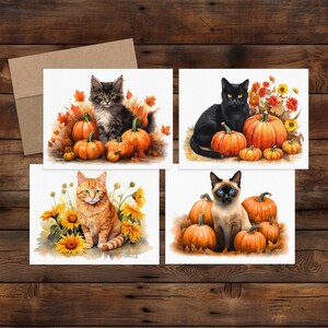 Autumn Cats Greeting Card Set | Pumpkins and Sunflowers | Cat Notecards ...