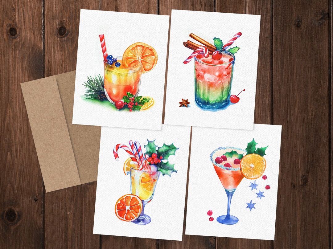 Holiday Cocktail Card Set of 4 | Holiday Drinks | Christmas Cards ...