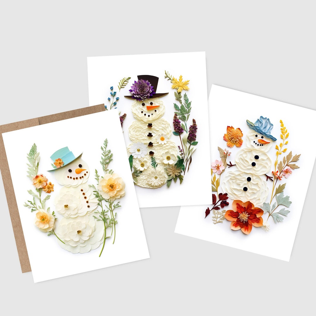 Snowman Cards | Pressed Flowers ART PRINT Folded Greeting Cards - Etsy