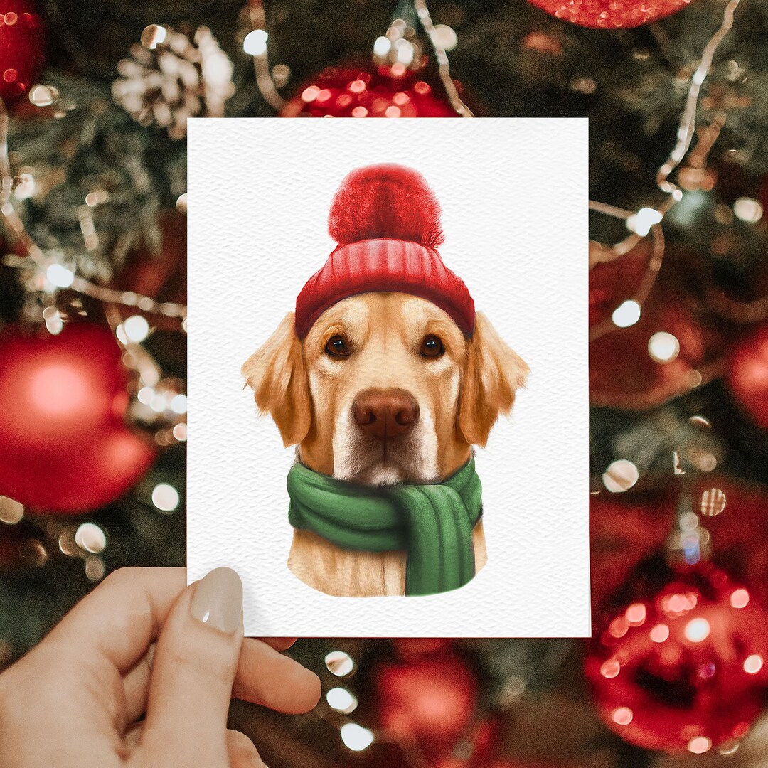 Holiday Golden Retriever Card Golden Retriever Wearing a Hat and Scarf ...