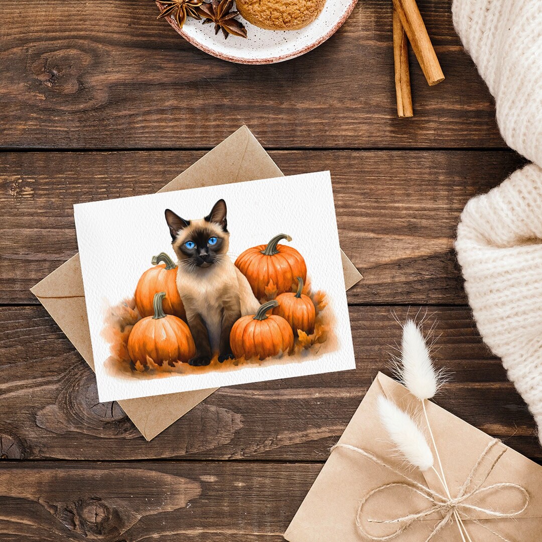 Autumn Cat and Pumpkins Card Cat Notecard Happy Fall Halloween Cat Card ...