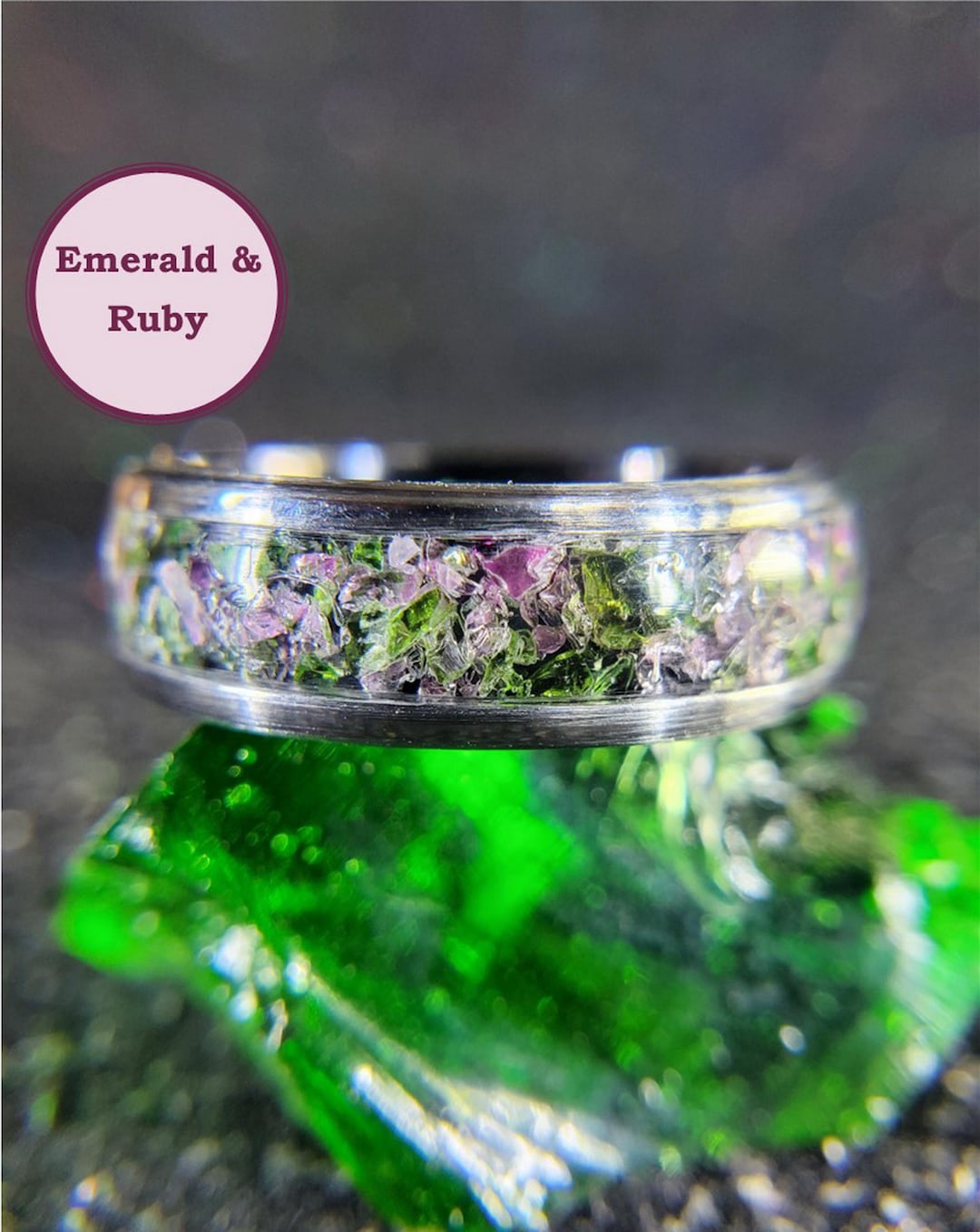 Emerald and Ruby Wedding Ring for Her, Crushed Emerald Ruby Inlay Ring ...