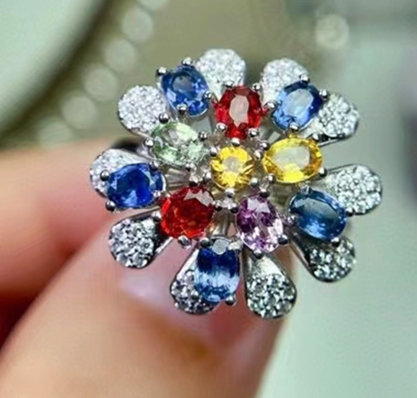 Genuine Sapphire Multi-colored Ring With 10 Stone, Zircons, 925 Silver ...