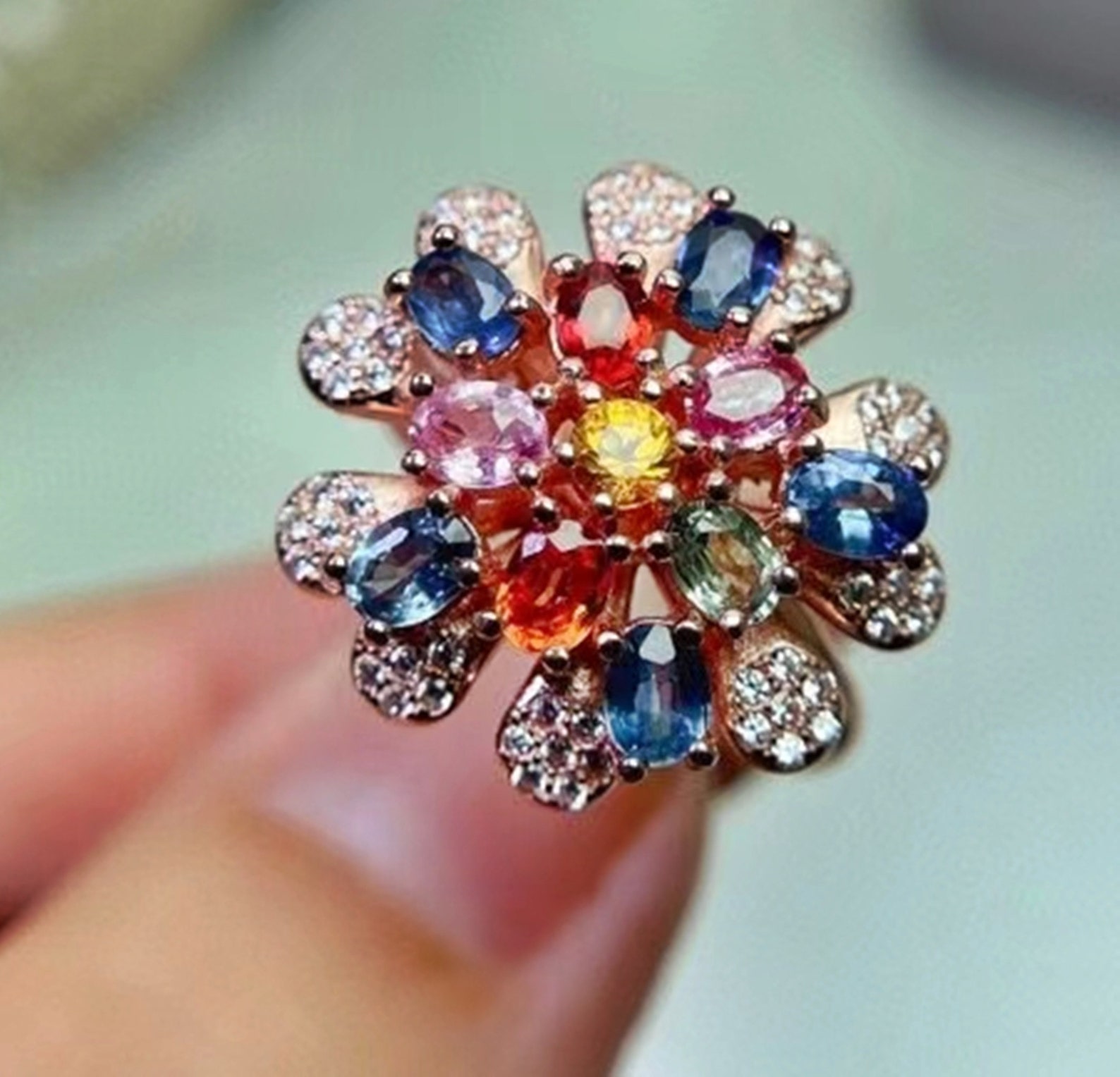 Genuine Sapphire Multi-colored Ring With 10 Stone, Zircons, 925 Silver ...