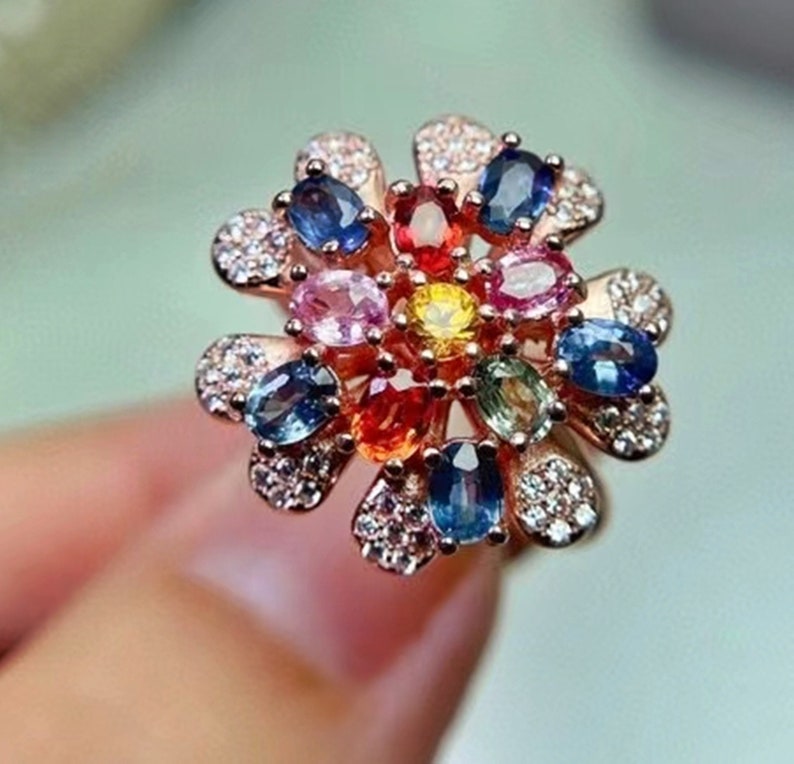 Genuine Sapphire Multi-colored Ring With 10 Stone, Zircons, 925 Silver ...
