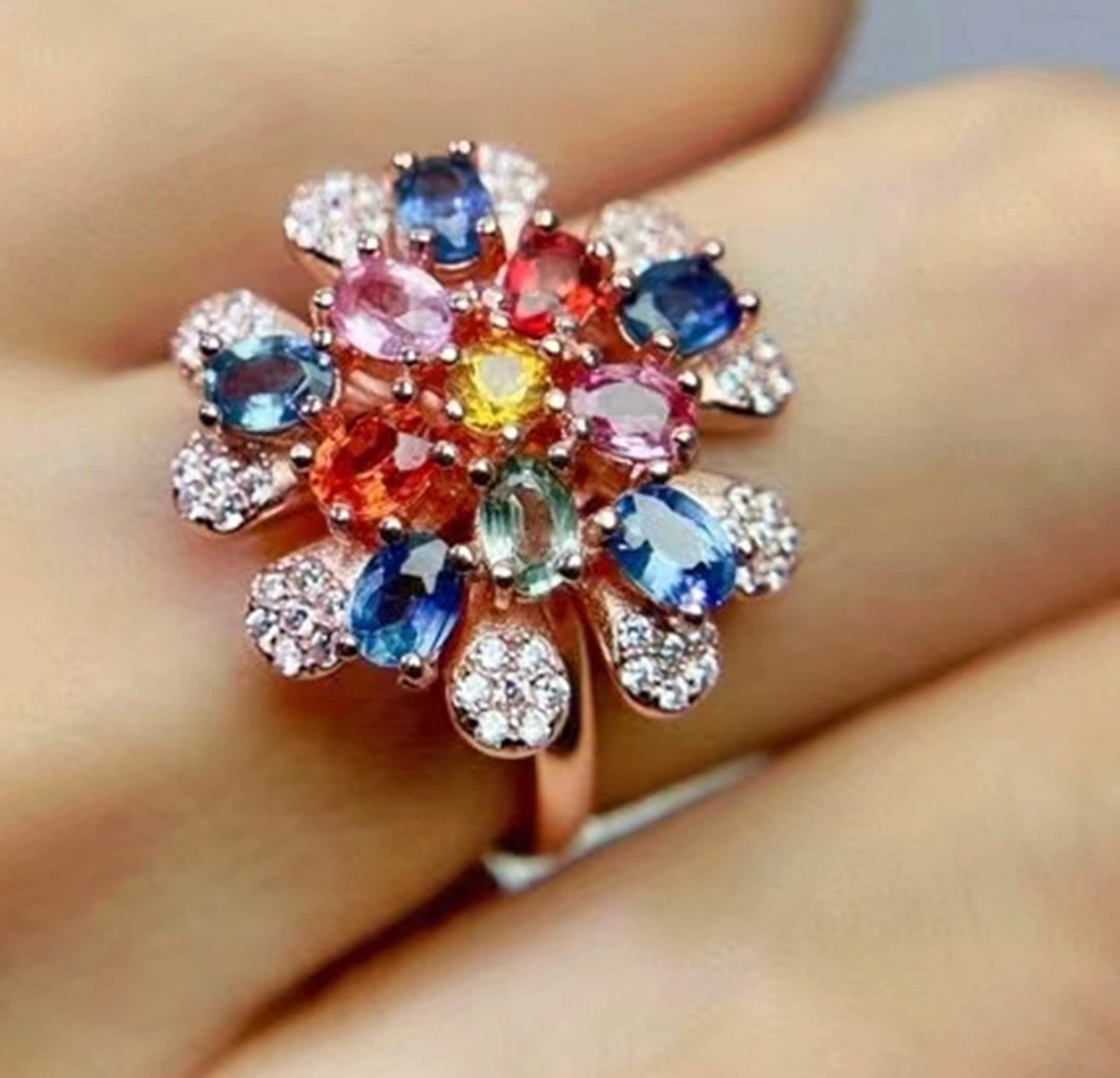 Genuine Sapphire Multi-colored Ring With 10 Stone, Zircons, 925 Silver ...