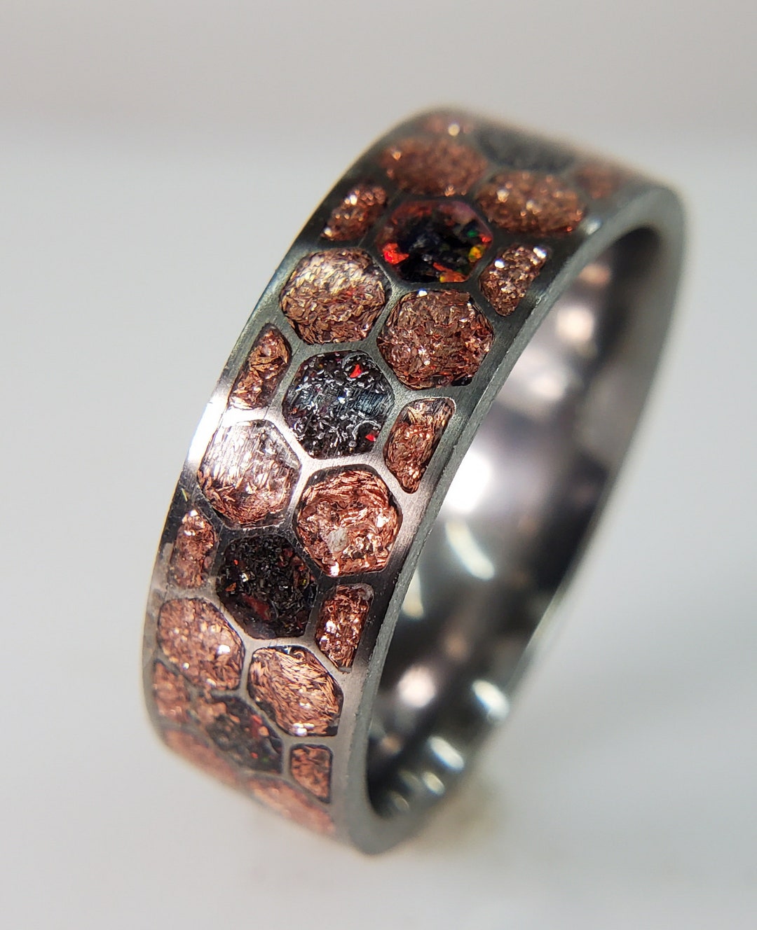 Mens Honeycomb Ring With Campo Del Cielo Meteorite, Crushed Red Opal ...