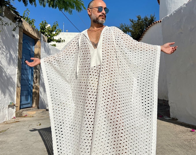 Mens Caftan Authentic Lightweight Transparent Schiffli Embroidery ...