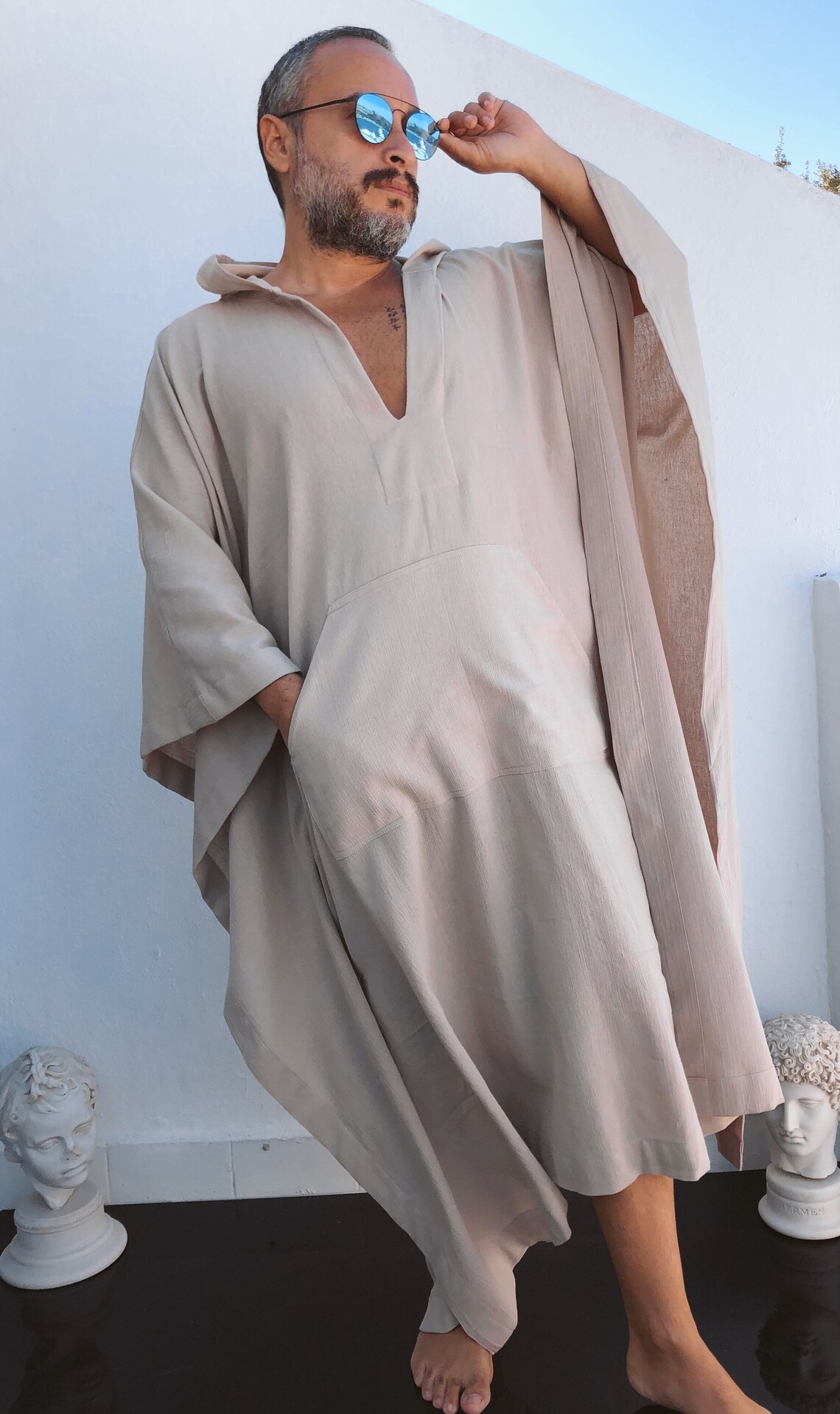 Mens Cotton Gauze Caftan With Hood / Sand Natural Color / - Etsy