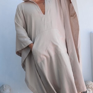 Mens Cotton Gauze Caftan With Hood / Sand Natural Color / Loose Kaftan for Men / Long Tunic S to ...