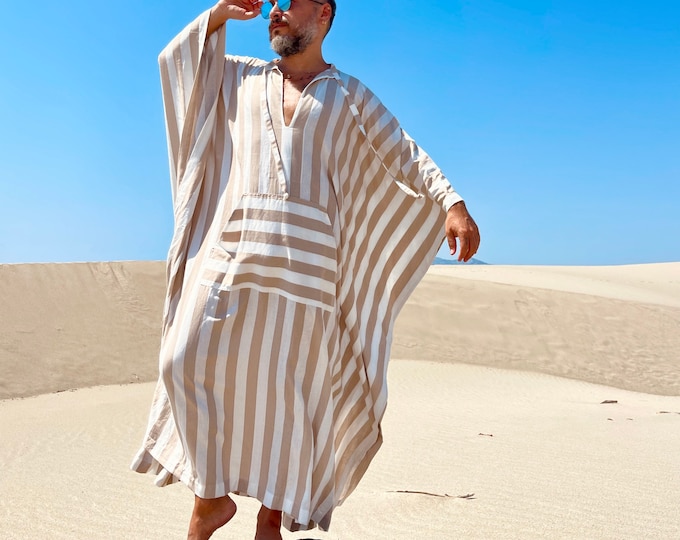 Mens Caftan / Authentic Linen Beige and White Striped CAFTAN for Men ...