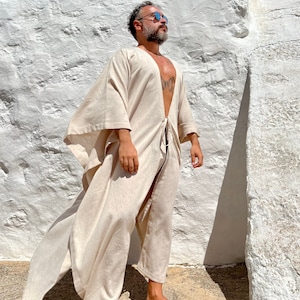 Mens Robe / Long Tunic Kaftan / Beige Cotton Gauze & Hemp / Mens ...