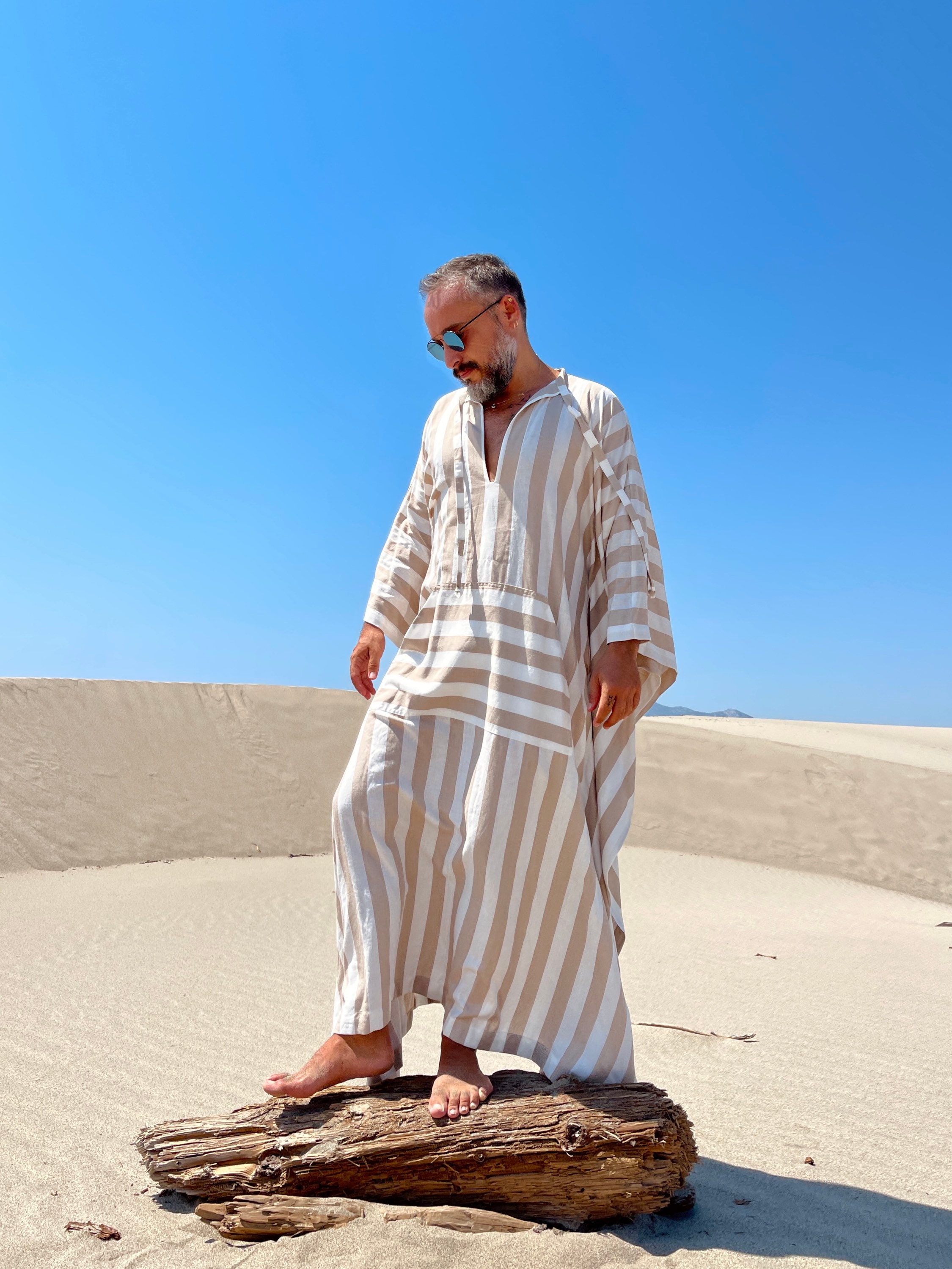 Mens caftan / authentic linen beige and white striped CAFTAN for men ...
