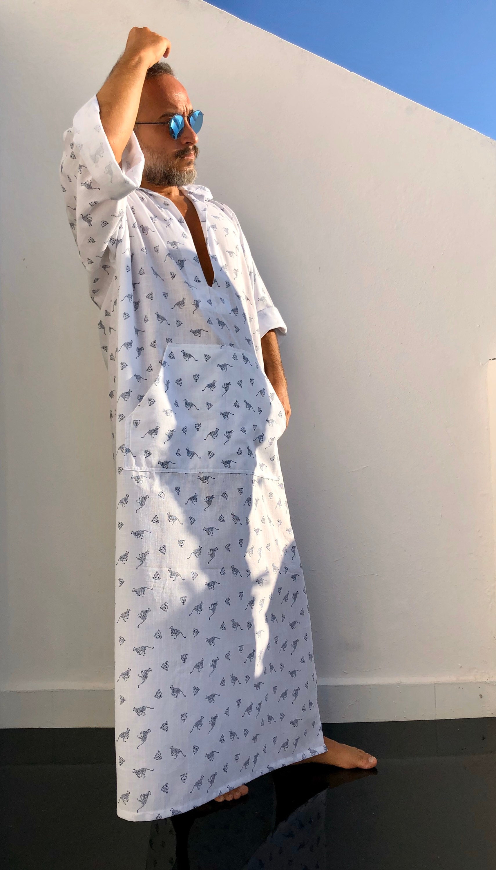 Tiger Print - Mens kaftan with HOOD cotton & Linen CAFTAN for men ...