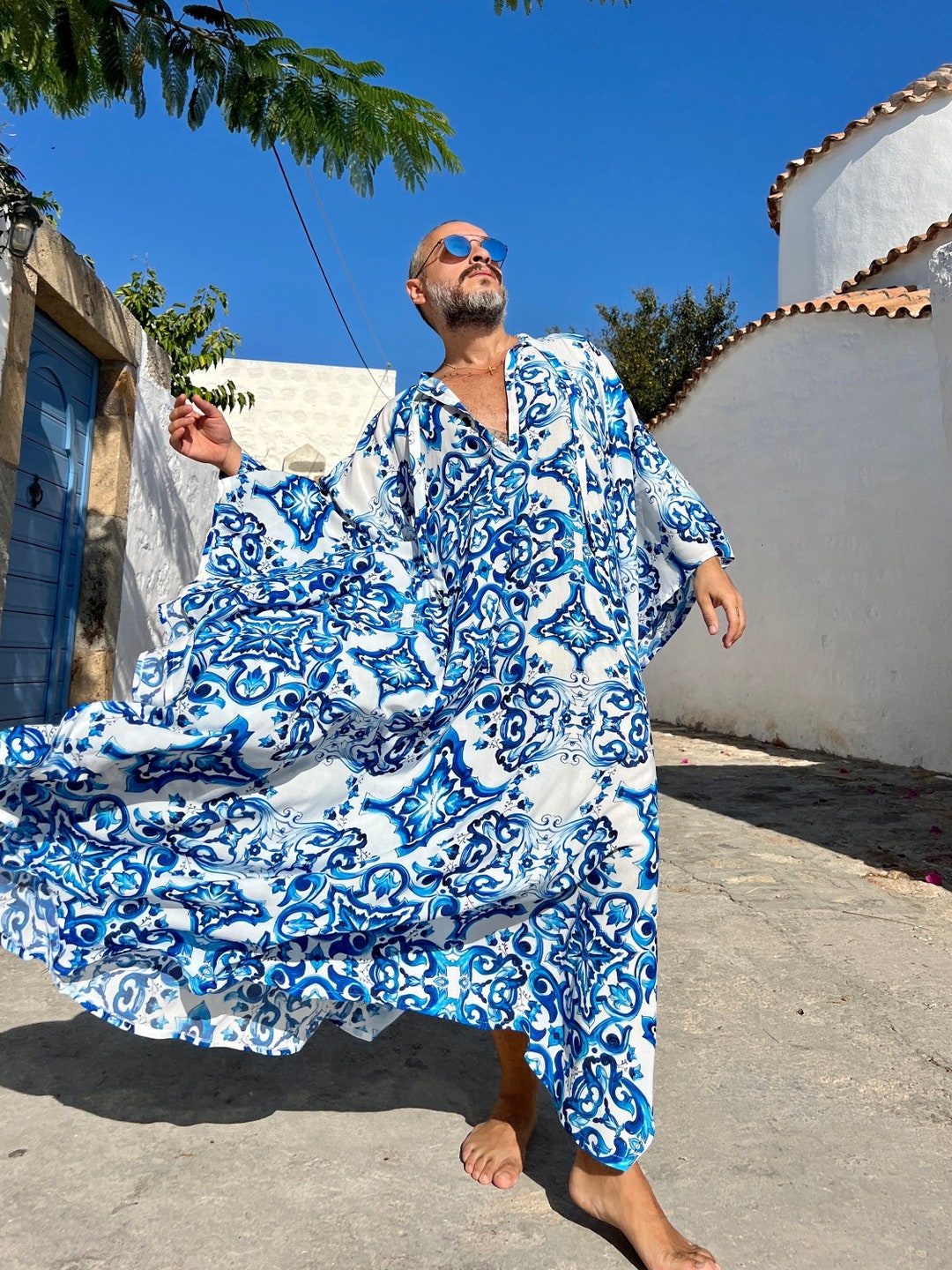 Mens Viscose Caftan Blue Majolica Print Caftan for Men, Kaftan Tunic ...