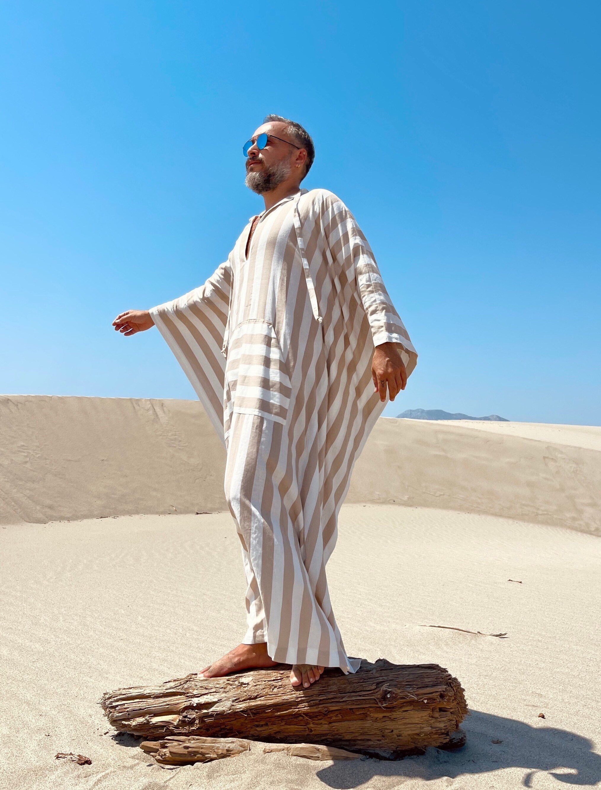 Mens caftan / authentic linen beige and white striped CAFTAN for men ...