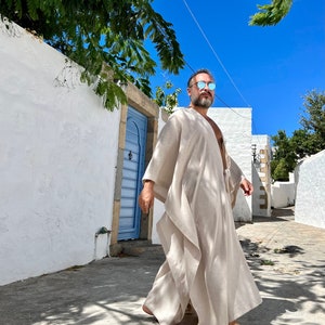 Mens Robe / Long Tunic Kaftan / Beige Cotton Gauze & Hemp / Mens ...