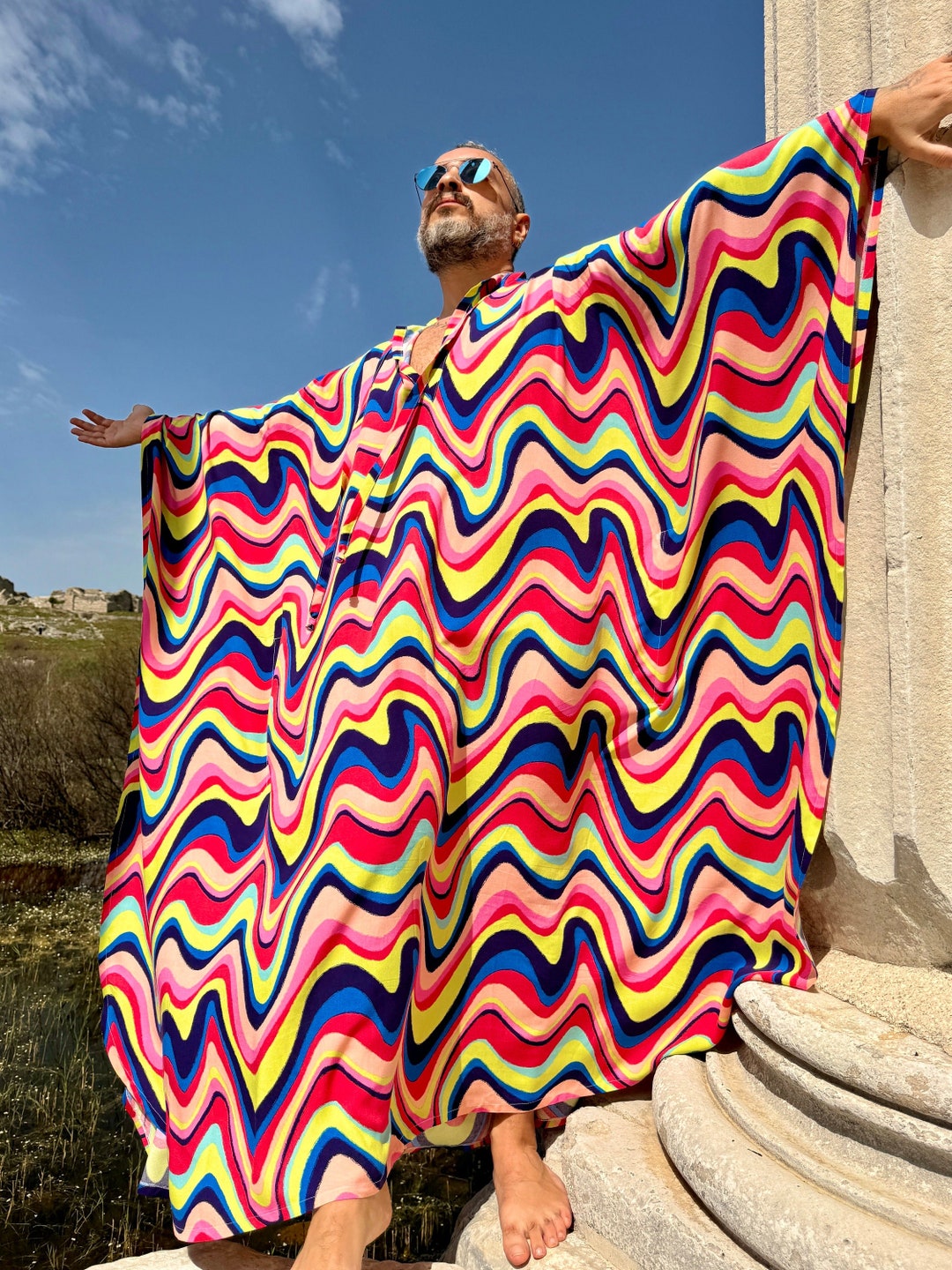 Mens Caftan , Rainbow Viscose Caftan for Men, Kaftan Tunic Pool Party , Plus Size Kaftan Lgbt ...