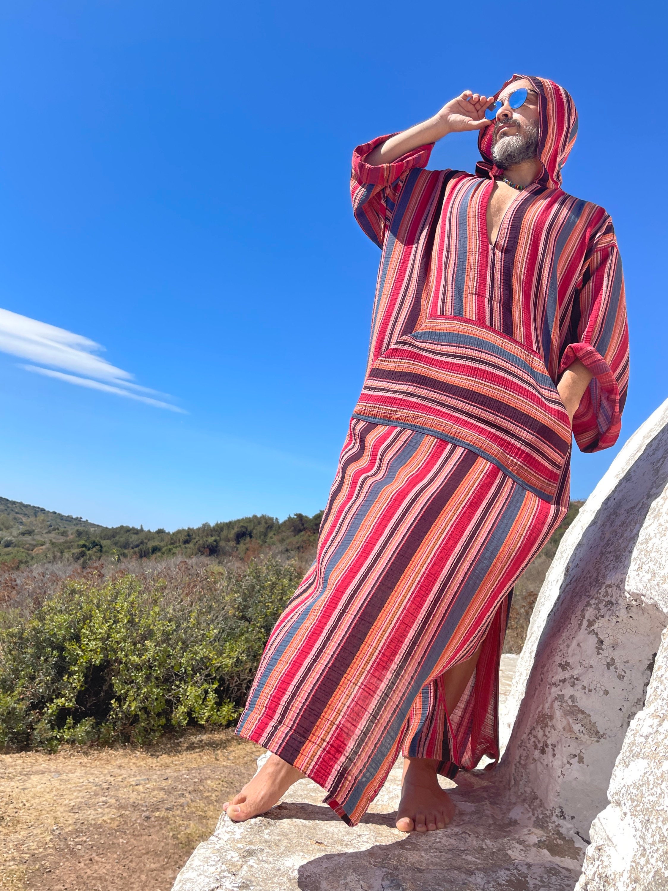 Mens Kaftan Cotton Caftan For Men Greek Kaftan Robes For Men Red Striped Long Tunic