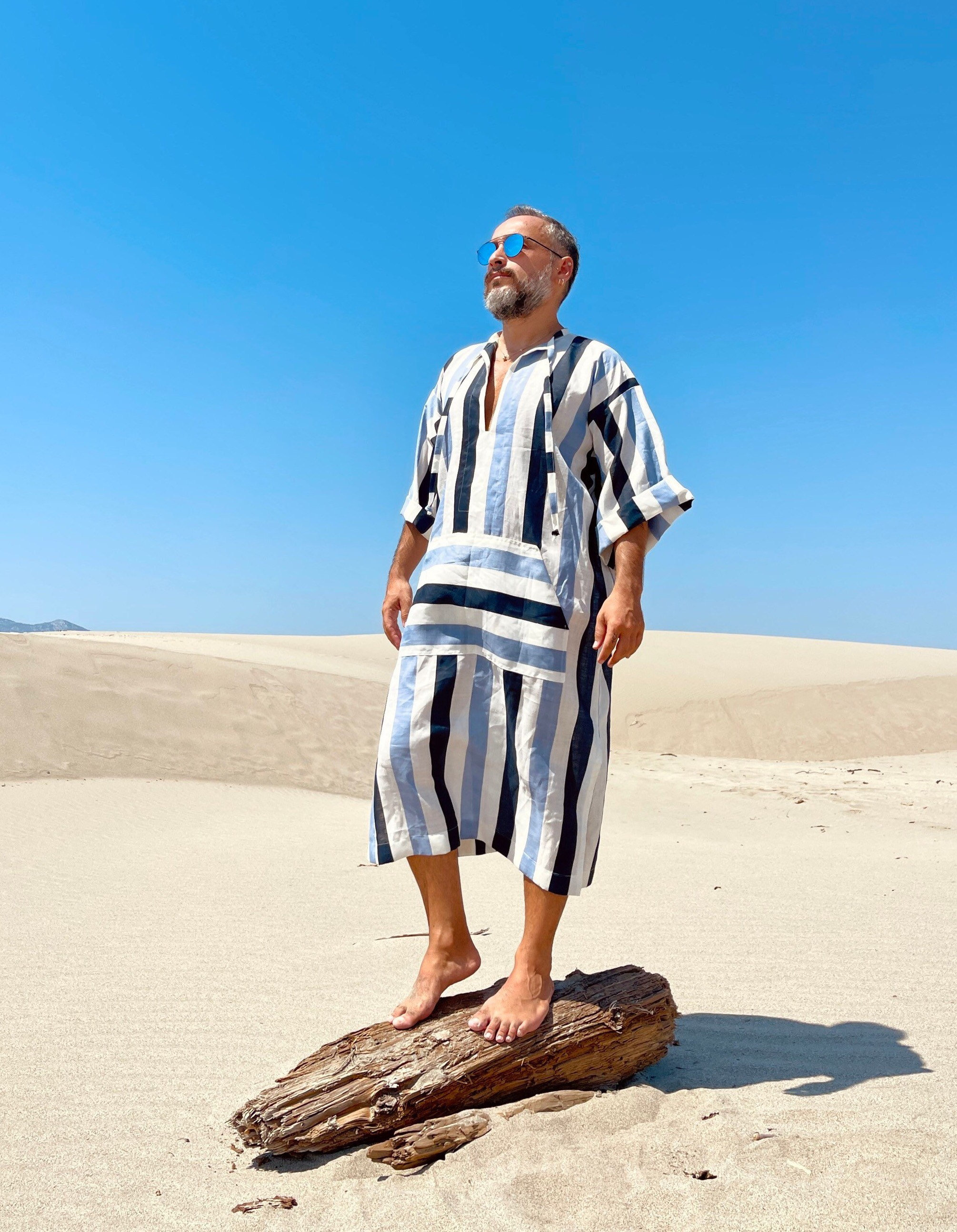 Mens linen short CAFTAN / blue striped kaftan for men / greek style ...