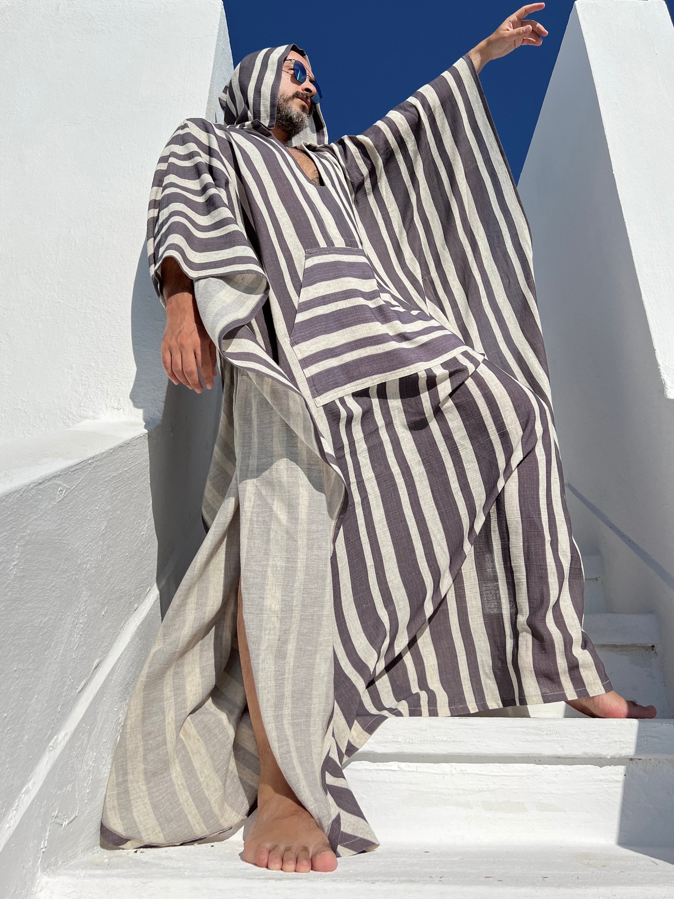 Mens hemp kaftan with HOOD / cotton gauze fabric authentic CAFTAN for men / greek style kaftan ...