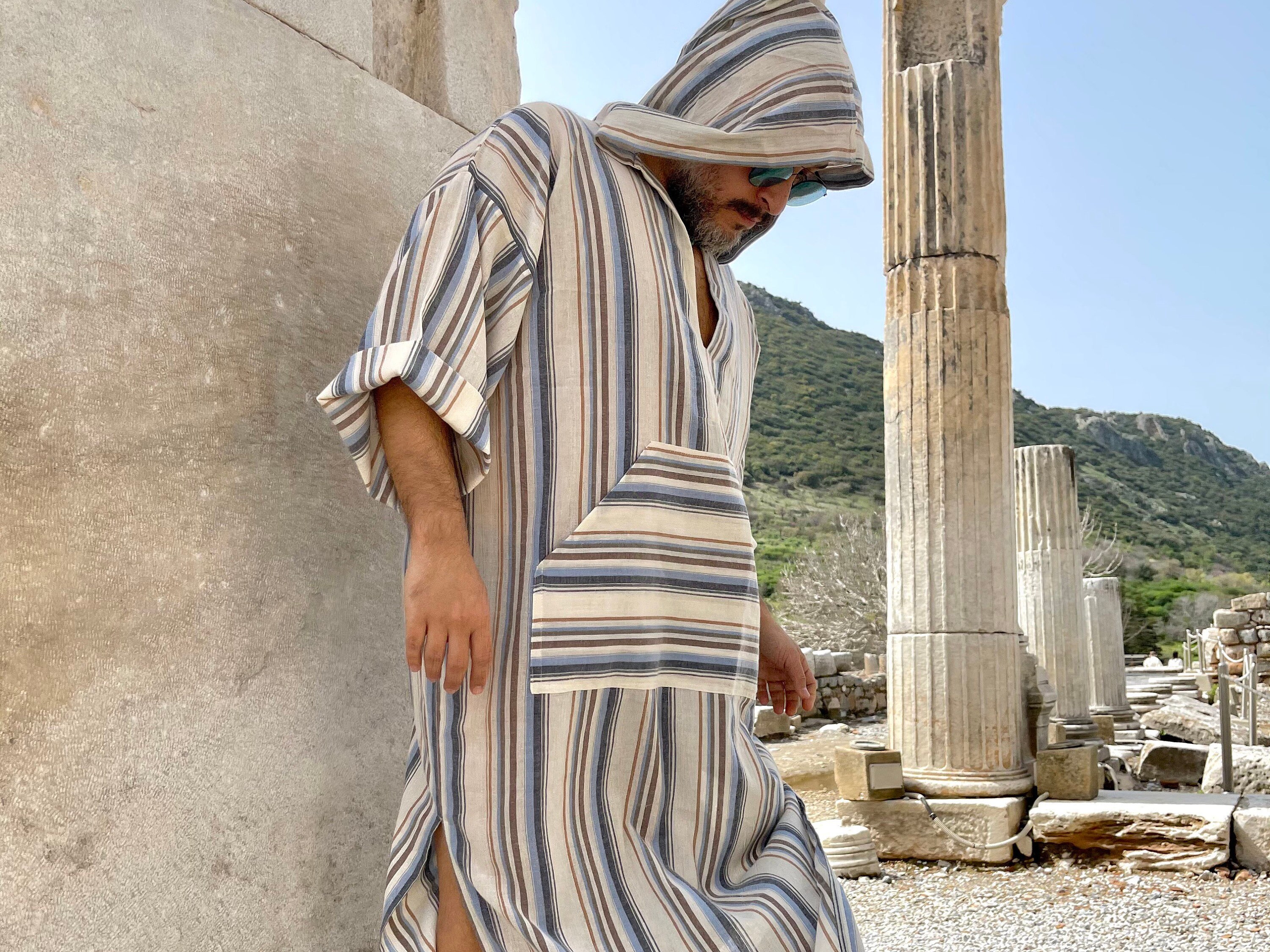 Mens Linen Hooded Caftan / striped Kaftan Greek hoodie kaftan for men linen surfers robe long ...