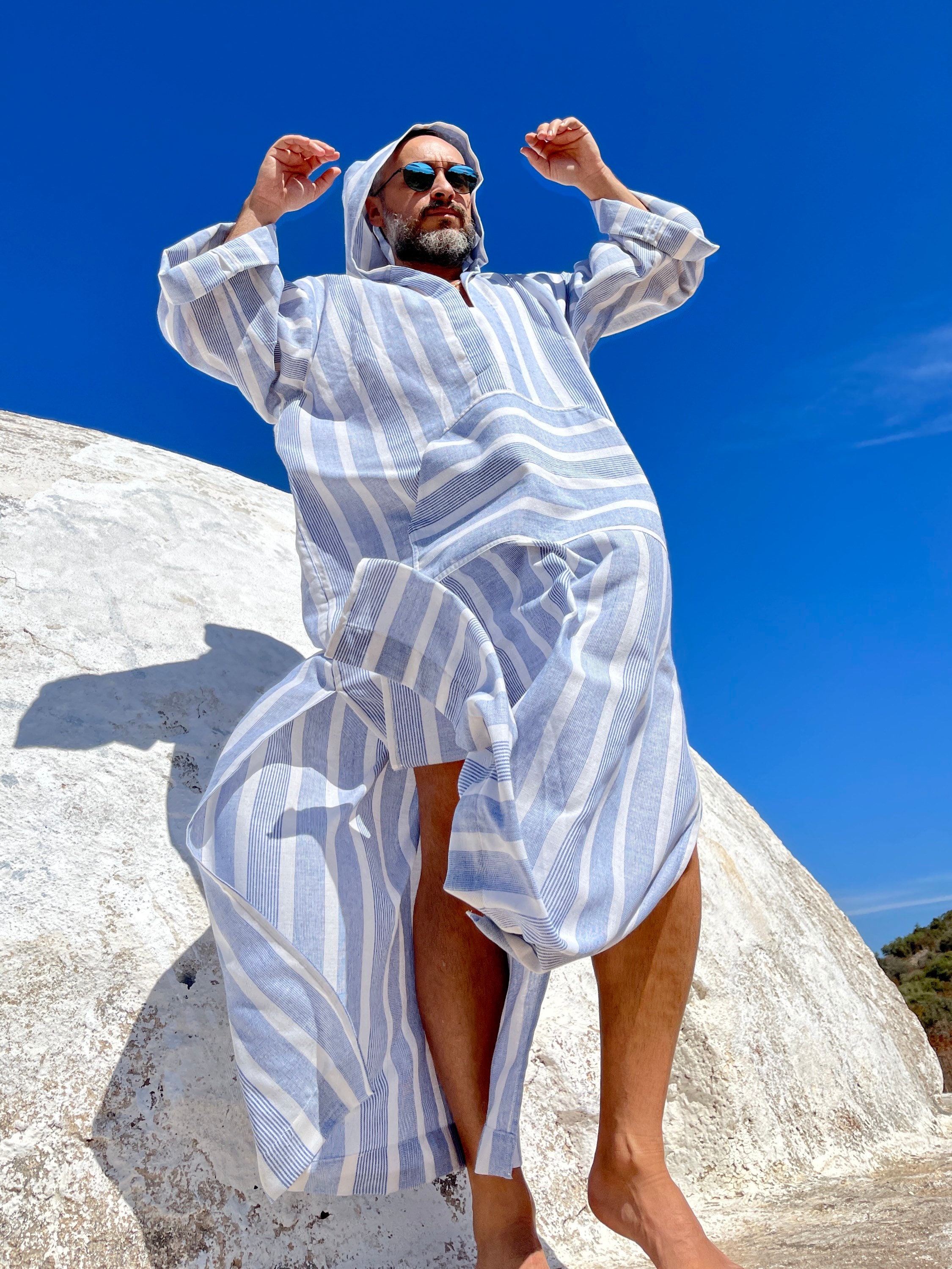 Mens Kaftan Cotton Linen Caftan For Men Greek Kaftan Robes For Men Blue Striped Long