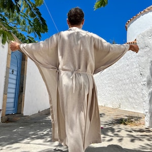 Mens Robe / Long Tunic Kaftan / Beige Cotton Gauze & Hemp / Mens ...