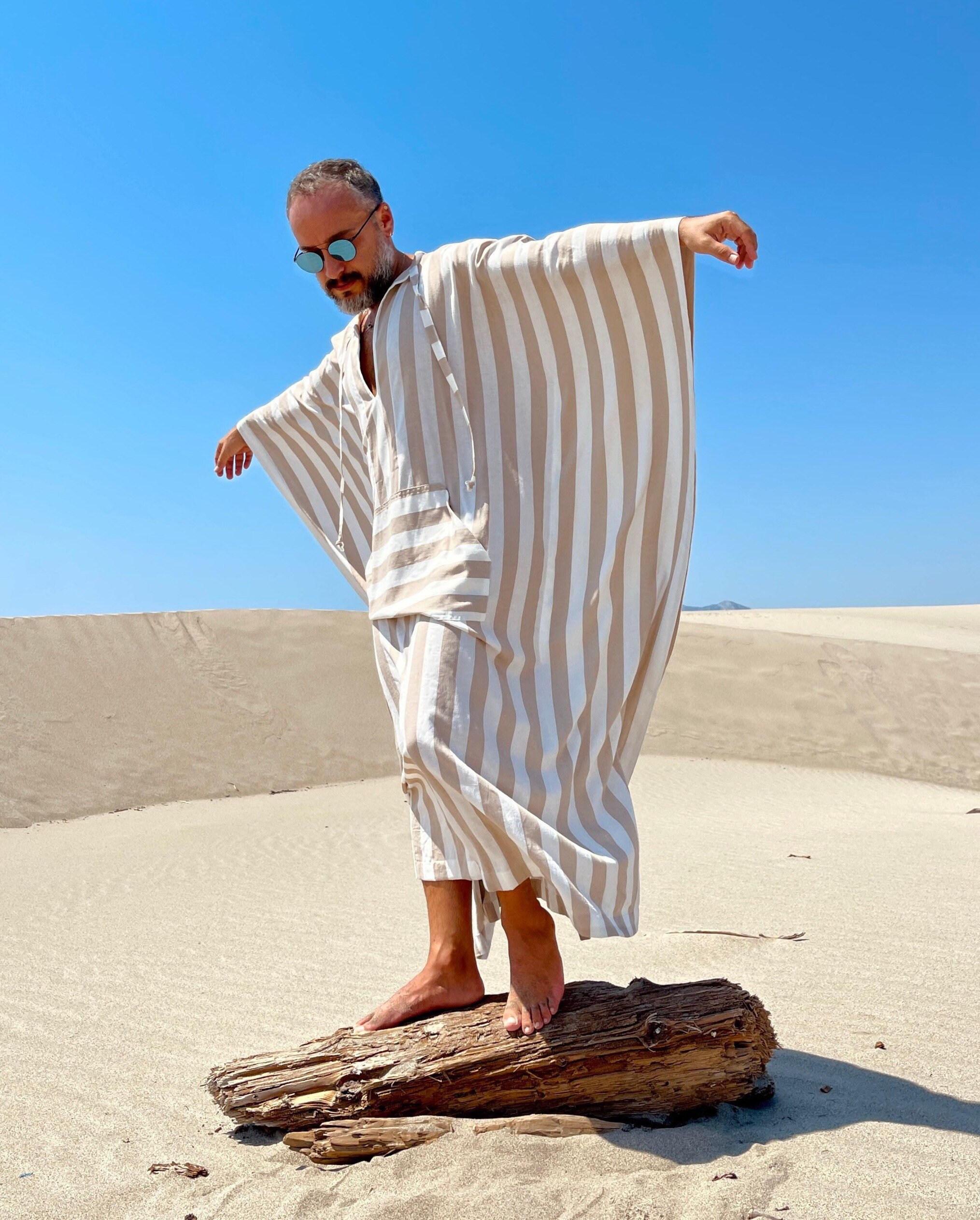 Mens caftan / authentic linen beige and white striped CAFTAN for men ...
