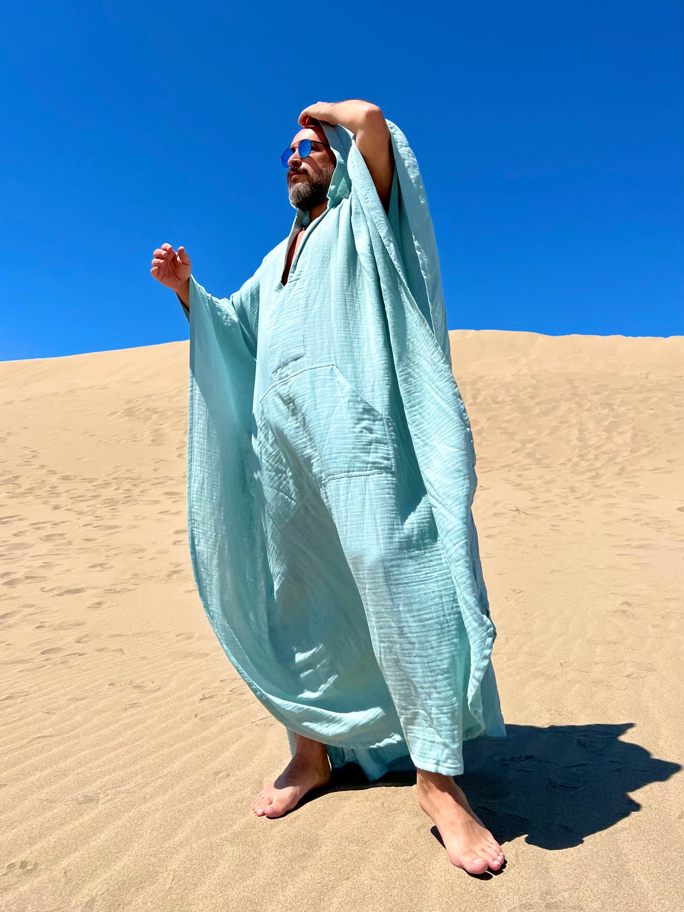 Mens muslin caftan with HOOD / cotton muslin fabric authentic CAFTAN for men / greek style ...