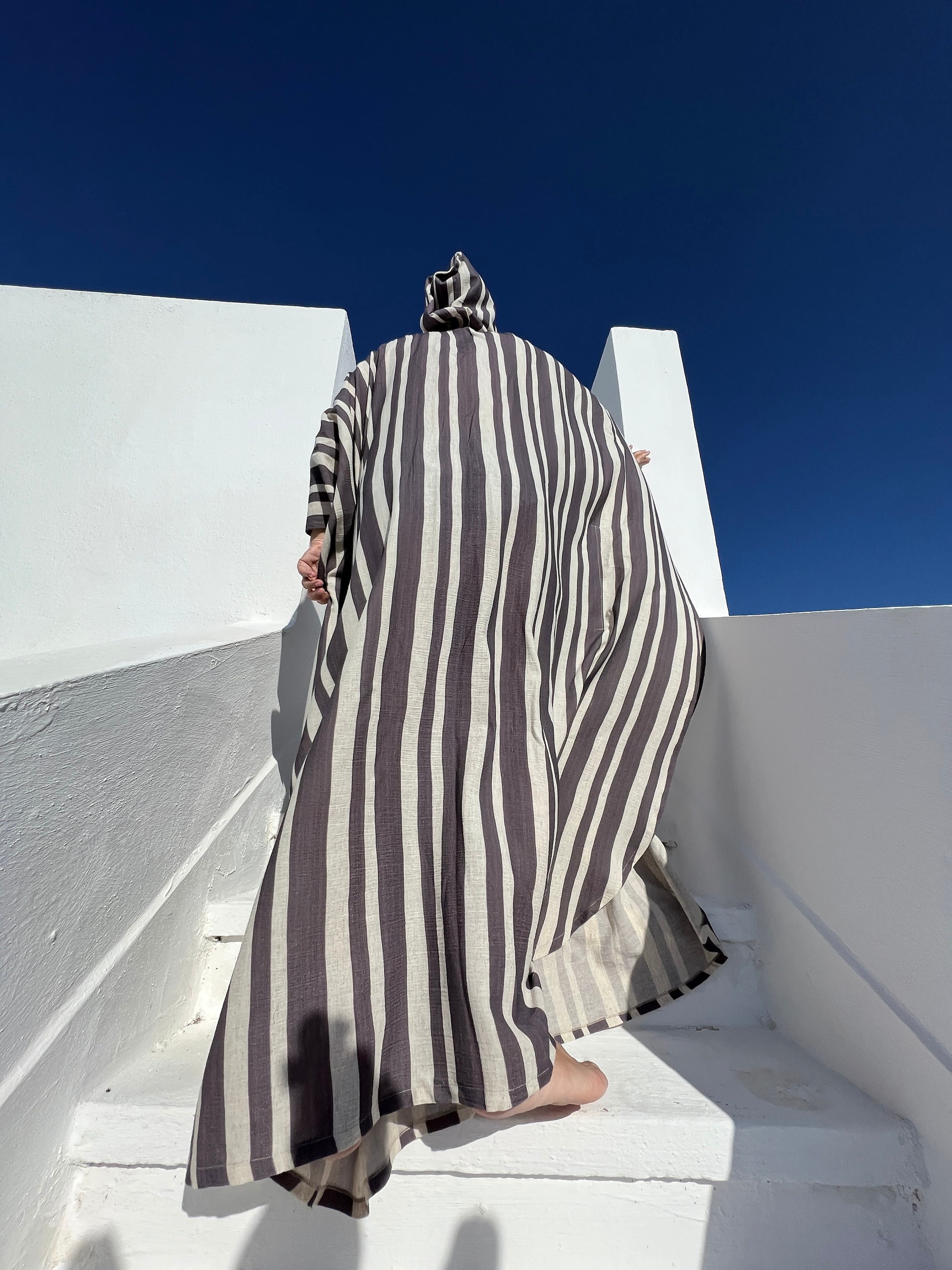 Mens hemp kaftan with HOOD / cotton gauze fabric authentic CAFTAN for men / greek style kaftan ...