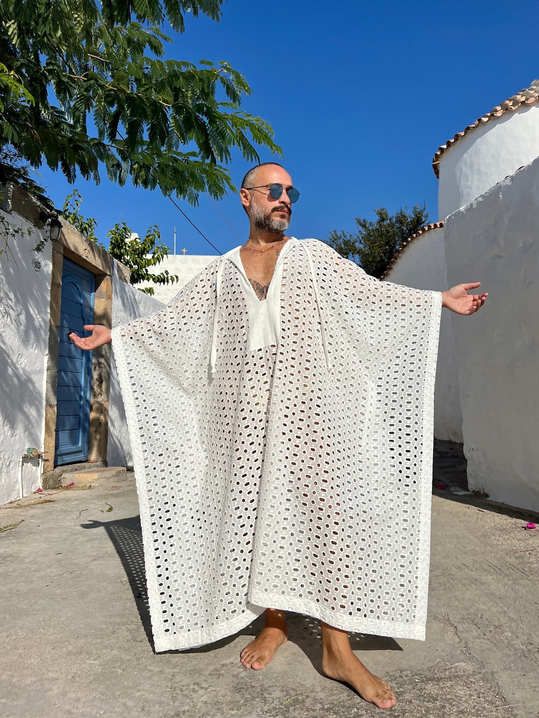 Mens Caftan Authentic Lightweight Transparent Schiffli Embroidery Cotton CAFTAN for Men / Greek ...