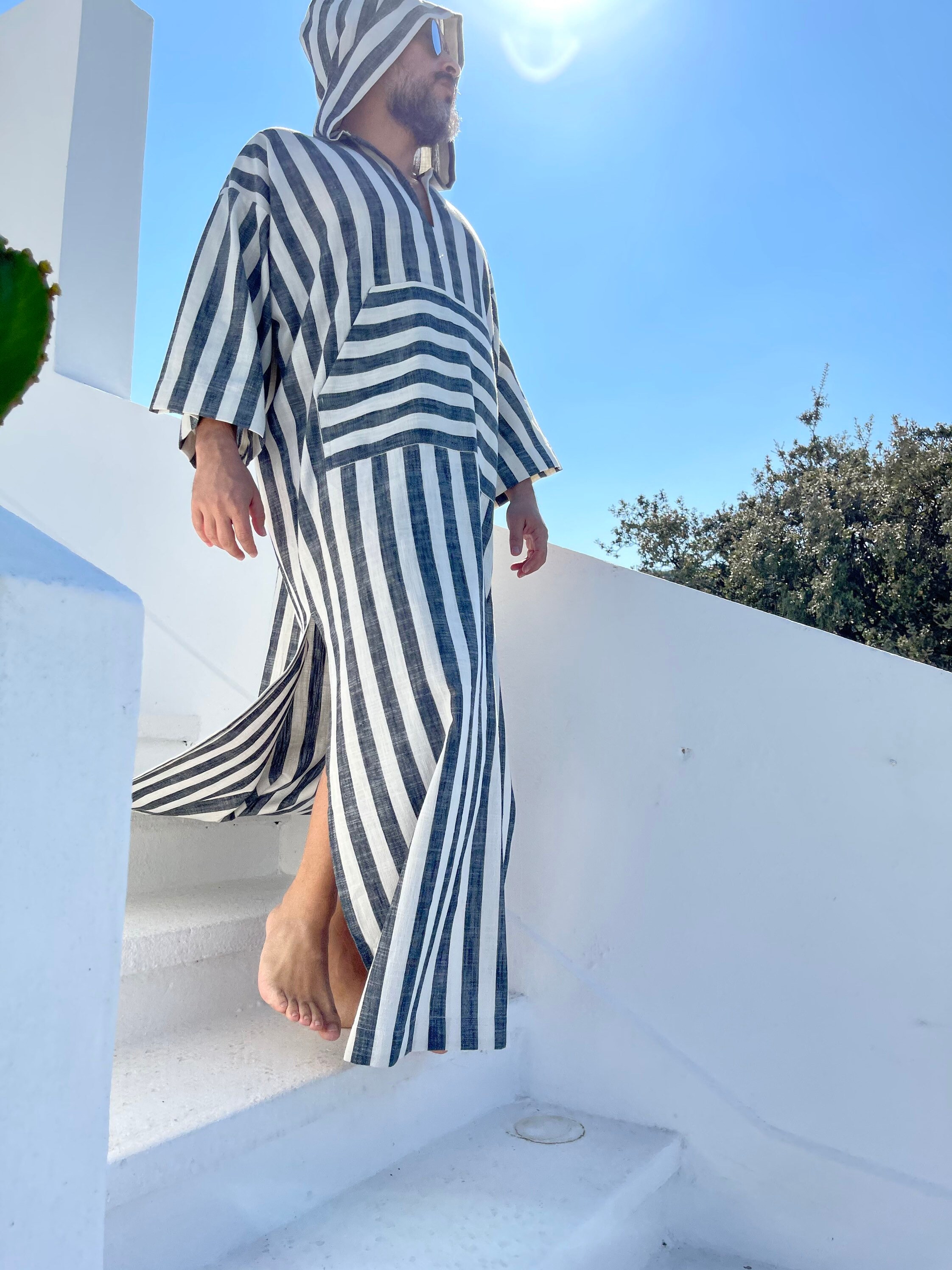 Linen Gray Striped Caftan / Mens Kaftan / Greek kaftan for men / long ...
