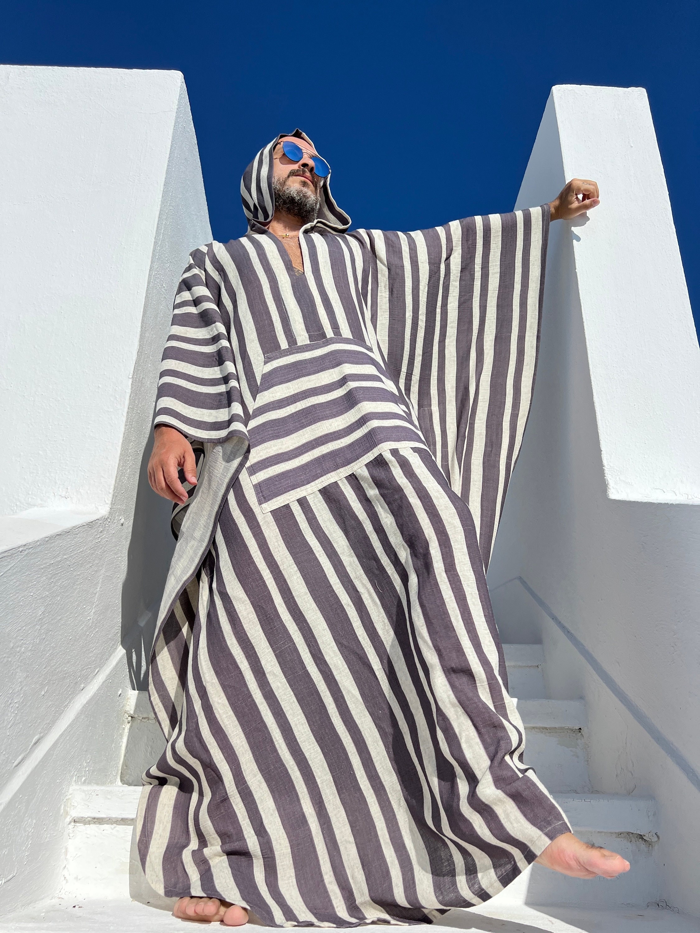 Mens hemp kaftan with HOOD / cotton gauze fabric authentic CAFTAN for men / greek style kaftan ...