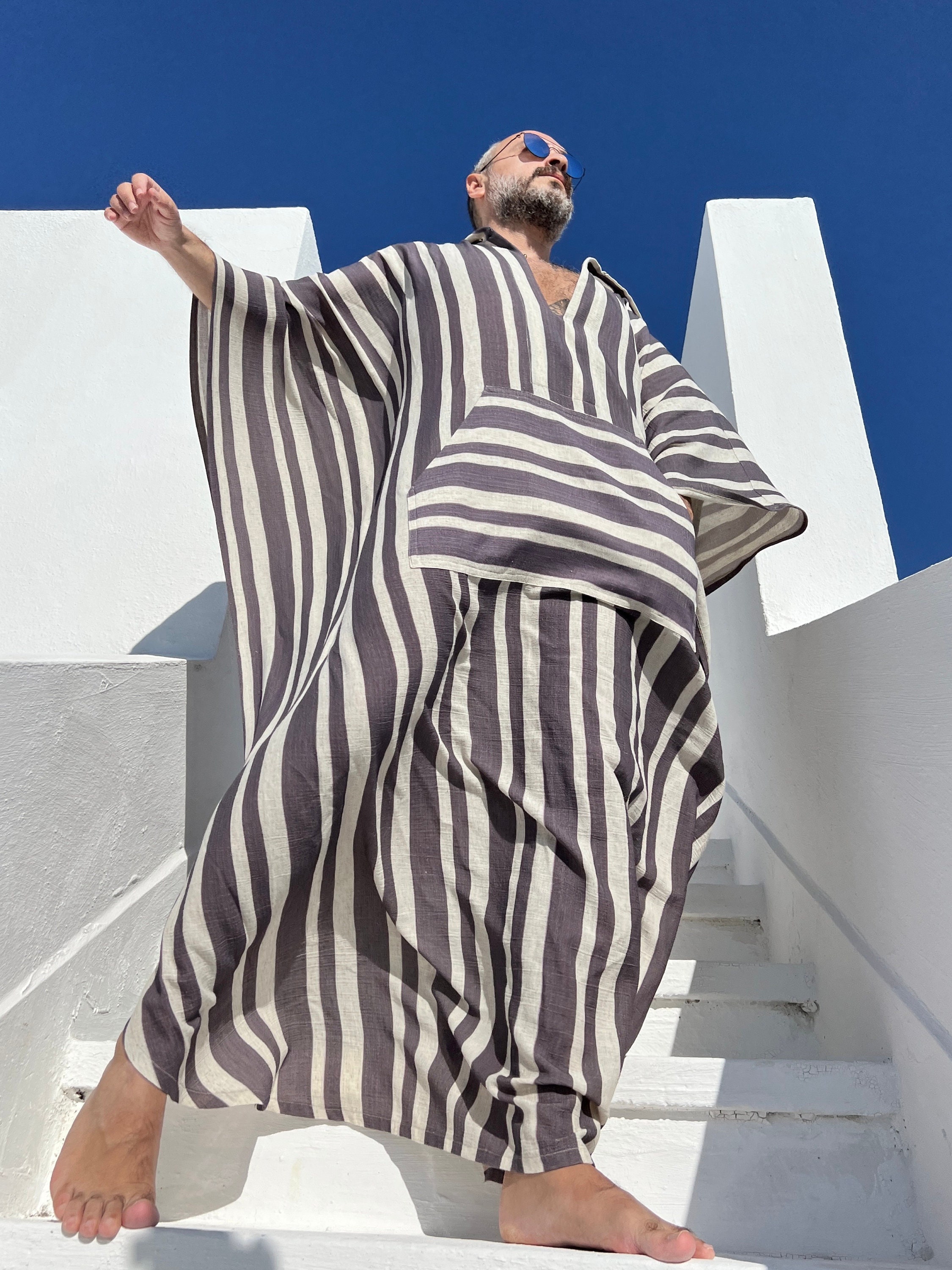 Mens hemp kaftan with HOOD / cotton gauze fabric authentic CAFTAN for men / greek style kaftan ...