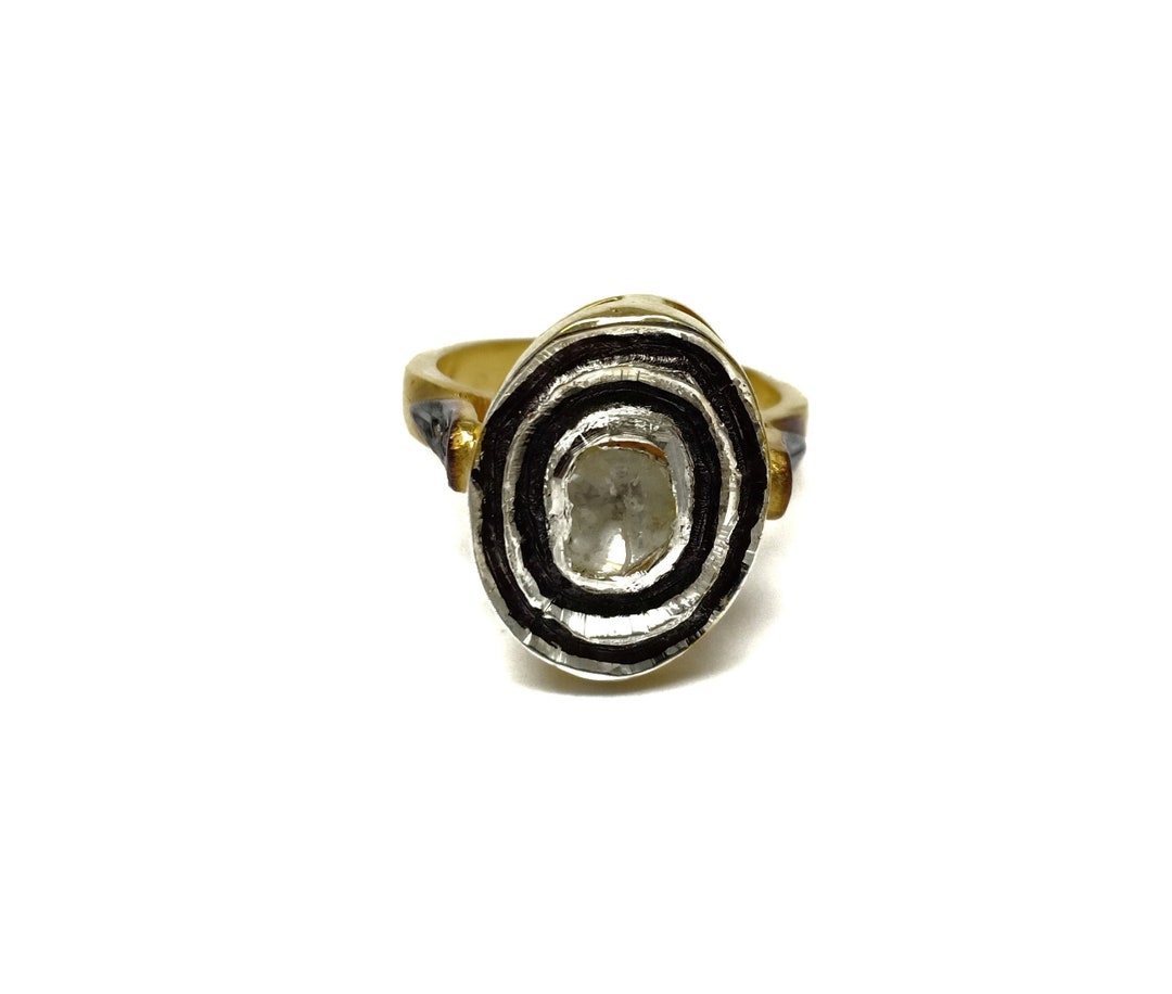 Uncut Polki Diamond Ring: Gold Plated in 925 Sterling Silver Signet ...