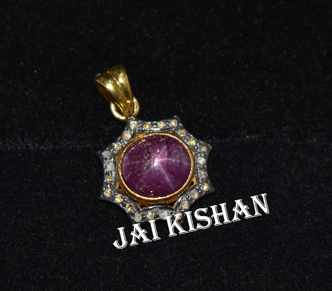 Victorian Star Ruby Gemstone Pendant: Pave Diamond, 925 Sterling Silver ...