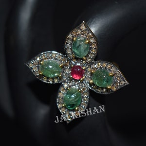 Emerald Gemstone Ring, Ruby Gemstone Ring, 925 Sterling Silver, Pave ...
