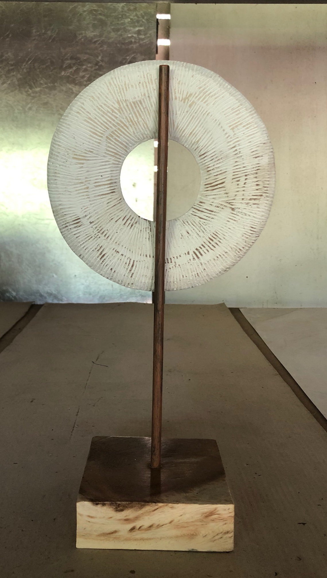 Hand Carved Wood Disk With Stand 18h White Wash Perfect - Etsy