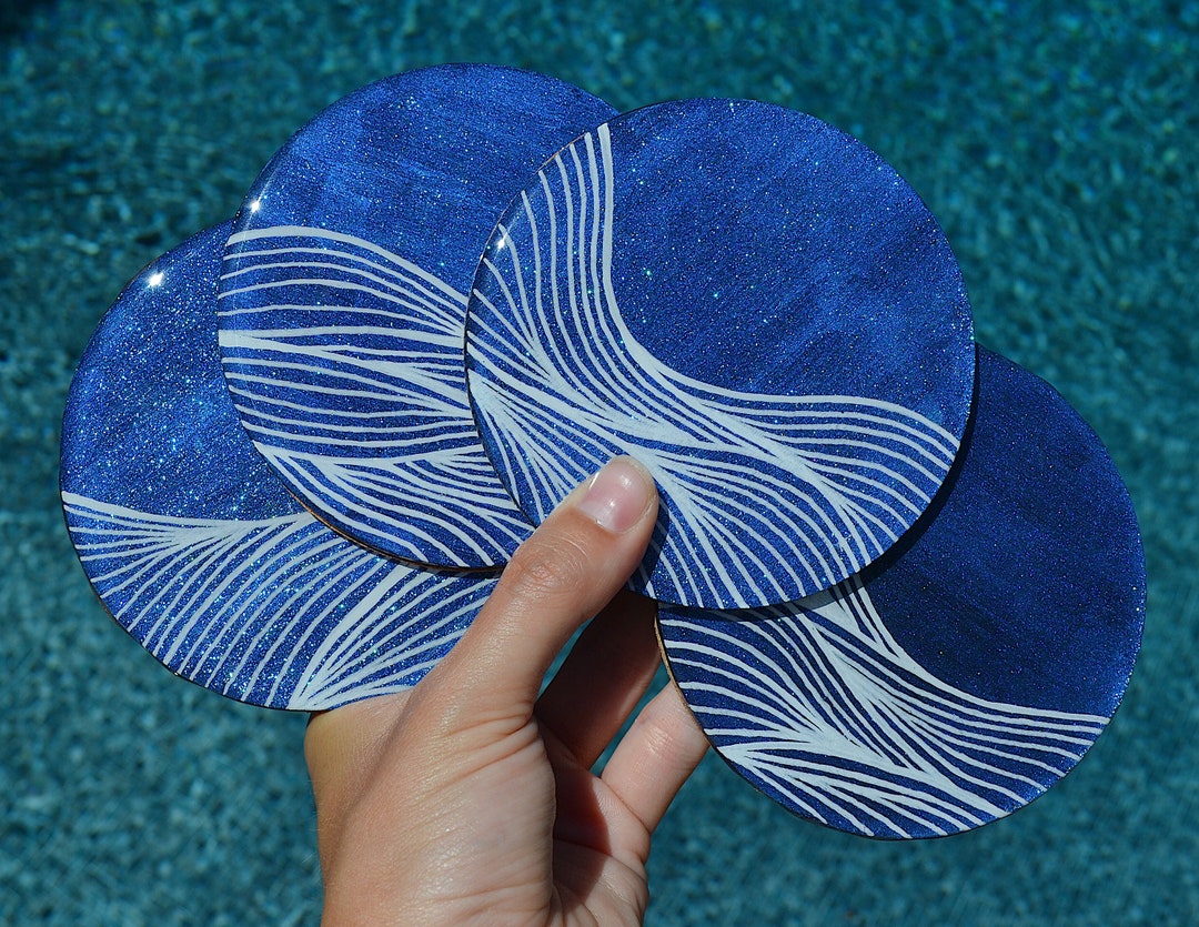 Blue Coasters, Hand Painted Coasters, Resin Coated Coasters, Set of 4 ...