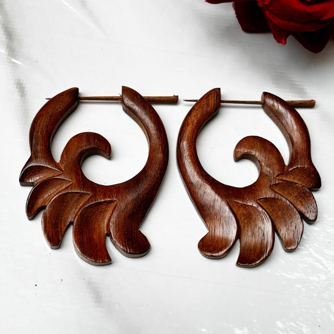 Carved WOODEN HANDMADE EARRING // Wooden Large Hoop Earrings // Gift ...