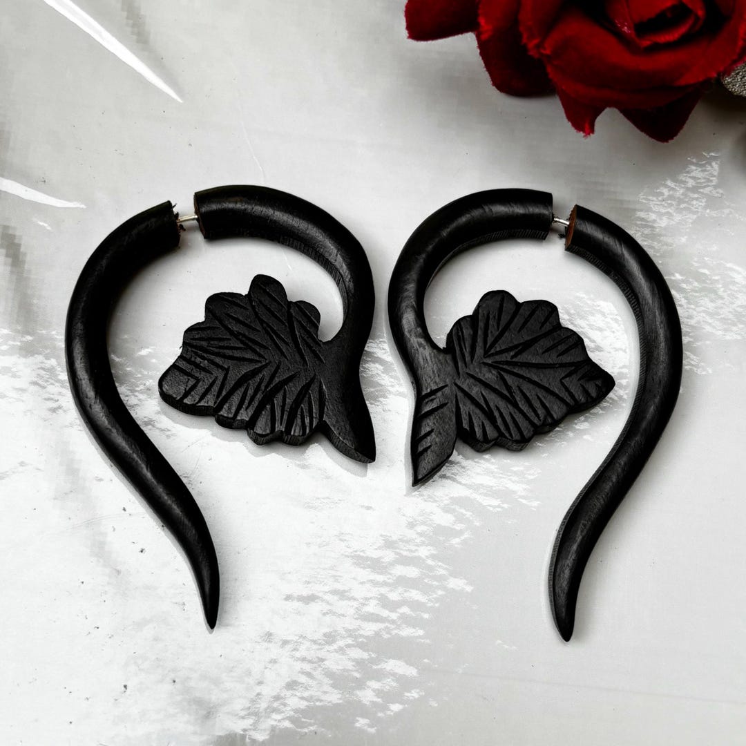 Wooden Flower Gauges Earrings Black Rose WOOD Carved Earrings Wooden ...