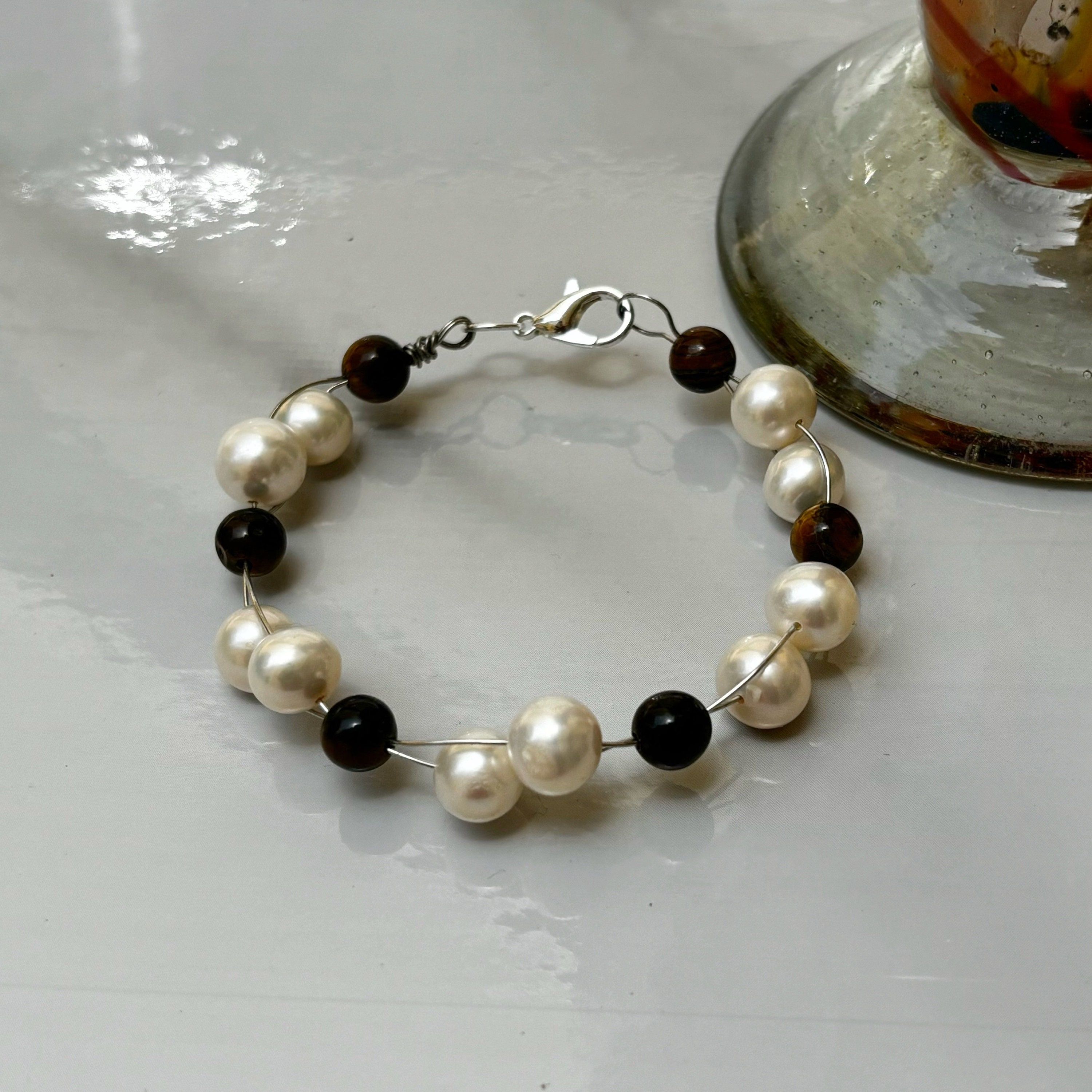 Natural White Pearl Tigers Eye Wedding Bracelet Gift for Mother Jewelry ...