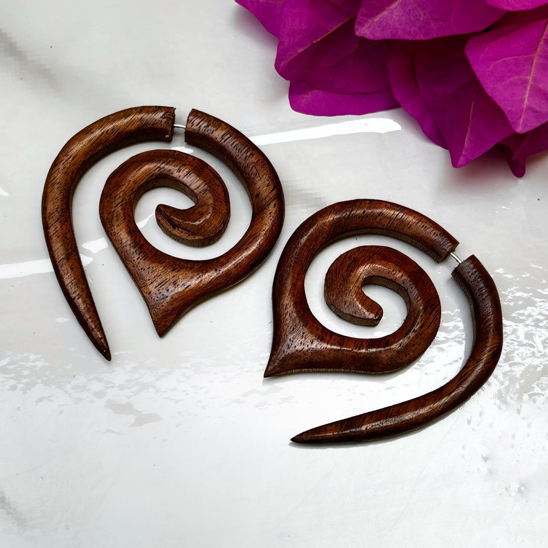 Big Brown Wooden Spirals - Fake Gauges, Hand Carved Natural Wooden ...