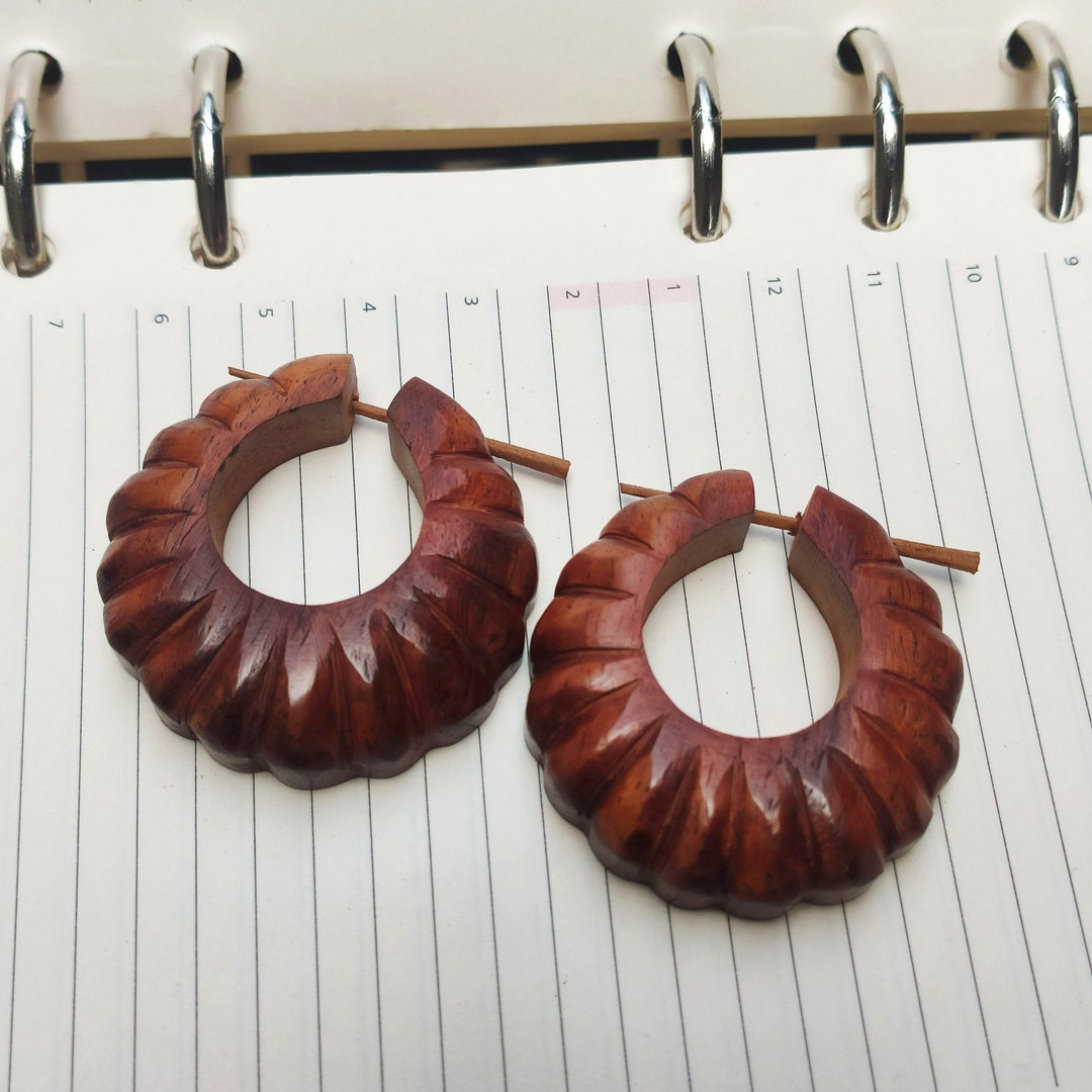 Wooden Hoop Earrings - Natural Rose Wood Hand Carved Hoops Wooden ...