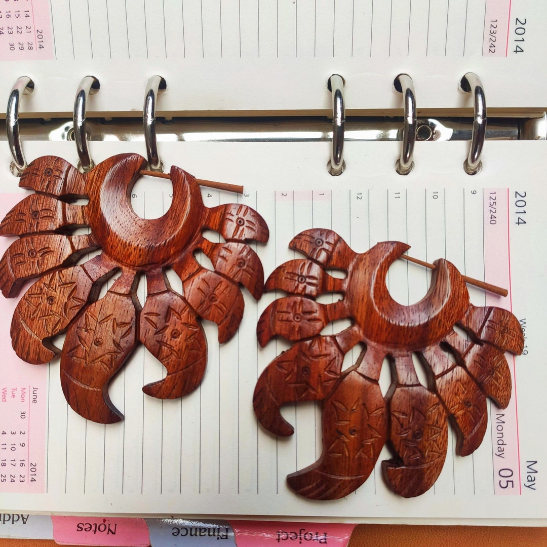 Big ORGANIC WOODEN EARRINGS Hoops // Tribal Handmade Carved Wood ...