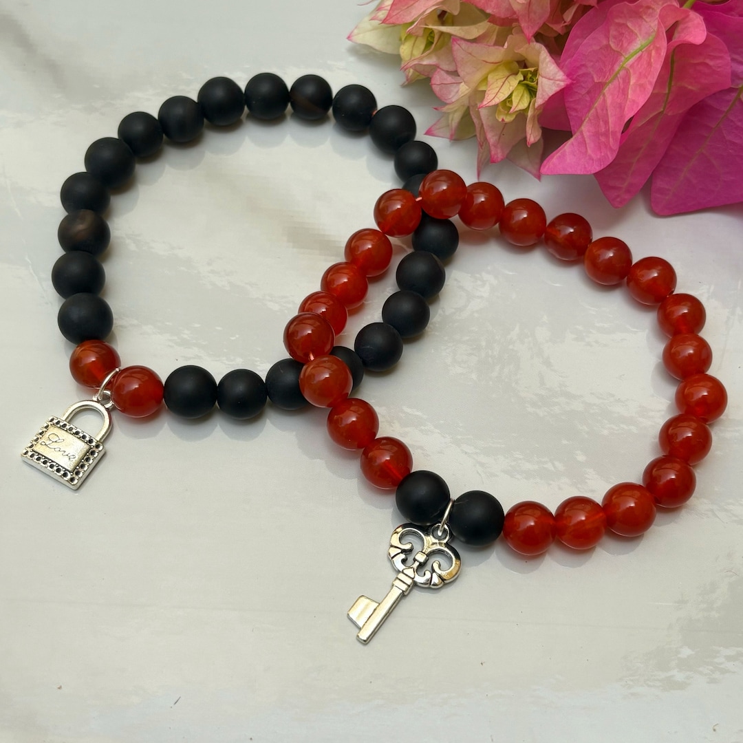 Distance Bracelets Set - Matte Black Onyx & Red Onyx Matching Pair ...
