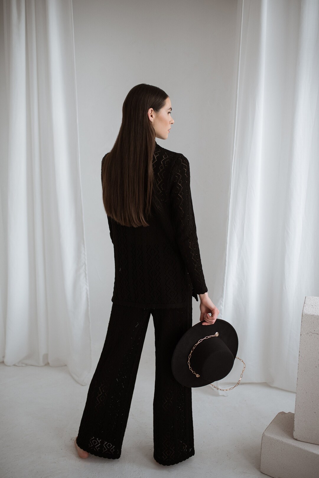 Black Knitted Suit Set for Women, Knitted Pants and Suit for Formal ...